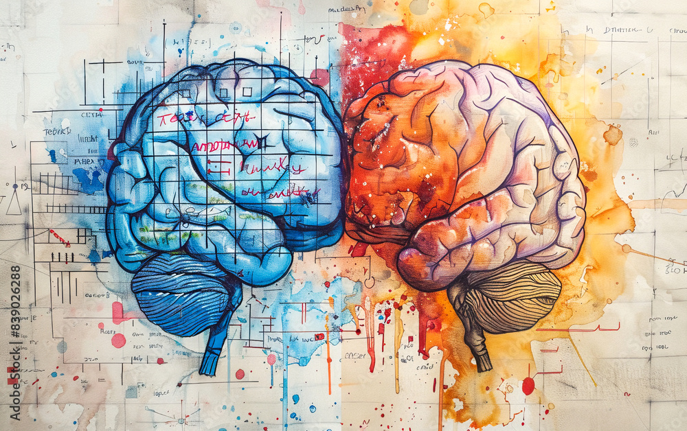 Left right human brain concept, the left side of the brain is depicted ...