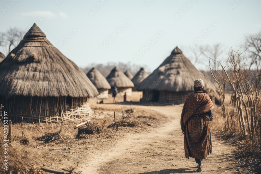 Exploring the scenic african village with traditional thatched huts ...