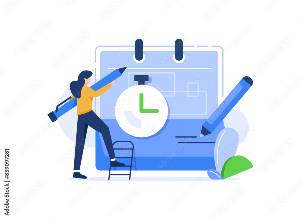 Cartoon vector illustration of woman check calendar have plan on memo ...