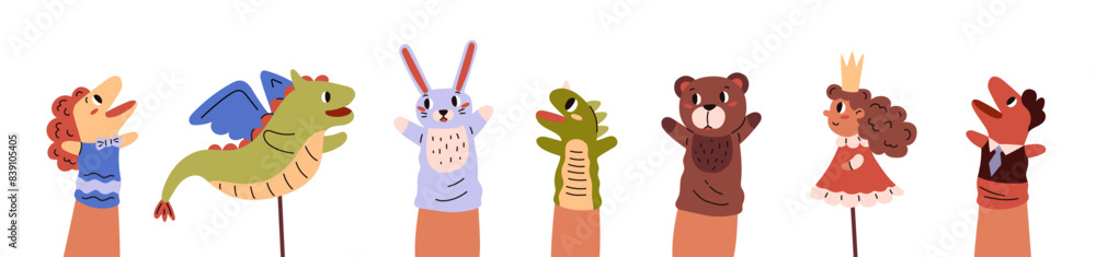 Handle or fingers puppets vector cartoon set, fairy tale toys princess ...
