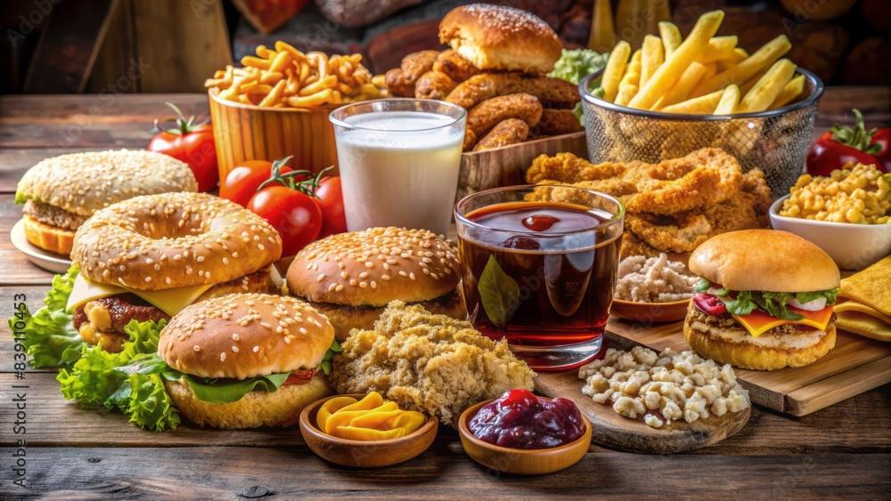 Cluttered table overflowing with high-calorie, low-nutrition junk food ...