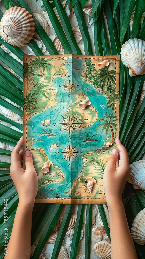 Child s hands holding a fantasy island map, decorated with palm leaves ...