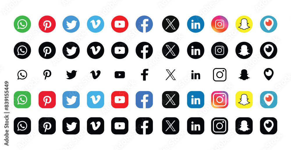 Image vectorielle Stock Facebook, twitter, instagram, youtube, snapchat, pinterest, whatsap ...