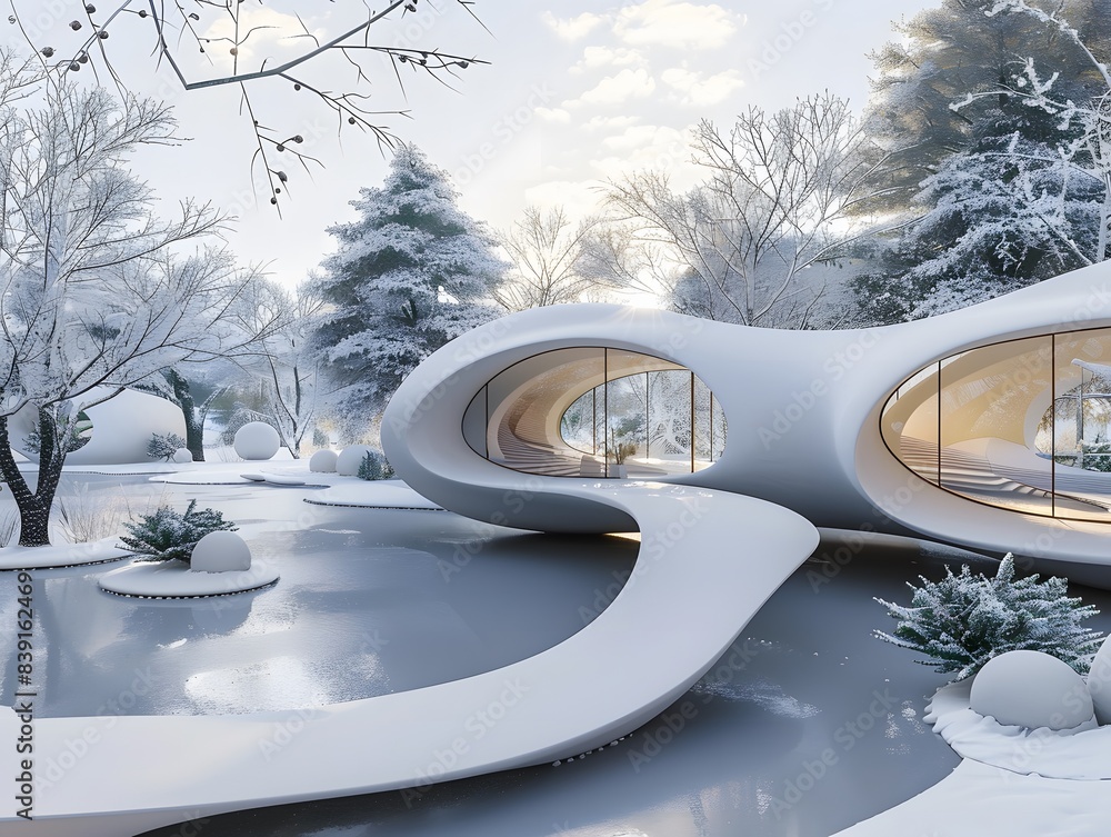 Design a peaceful, snow-dusted landscape that showcases a harmonious ...