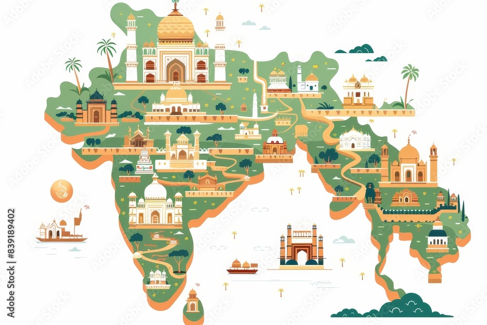 Illustrated map showcasing iconic monuments and landmarks of India ...
