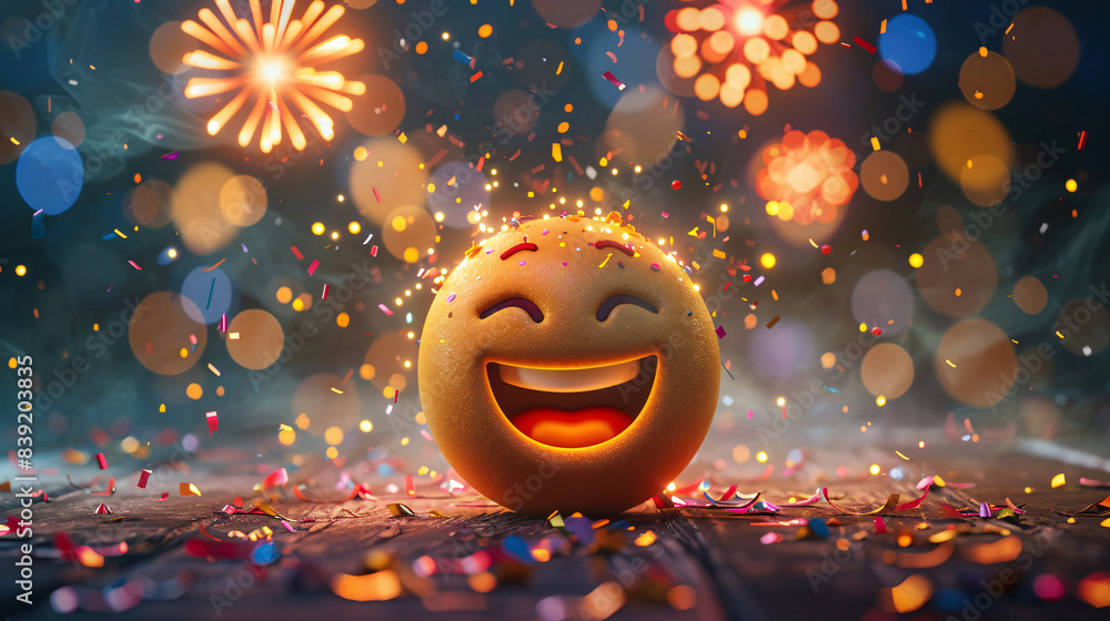 Cartoon emoticon celebrating with confetti and fireworks in the ...