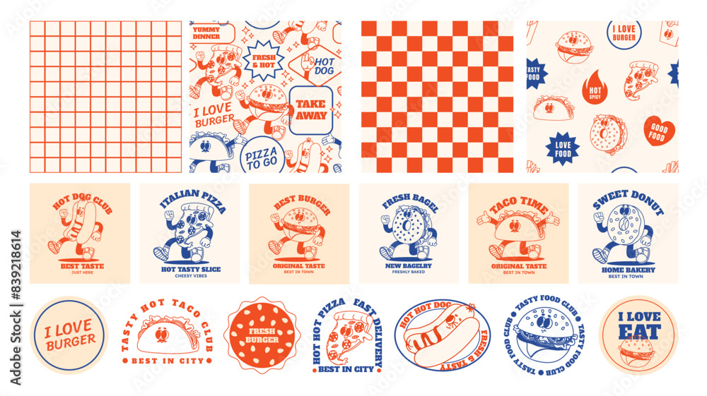 Retro fast food. Cartoon stickers and seamless patterns with groovy ...