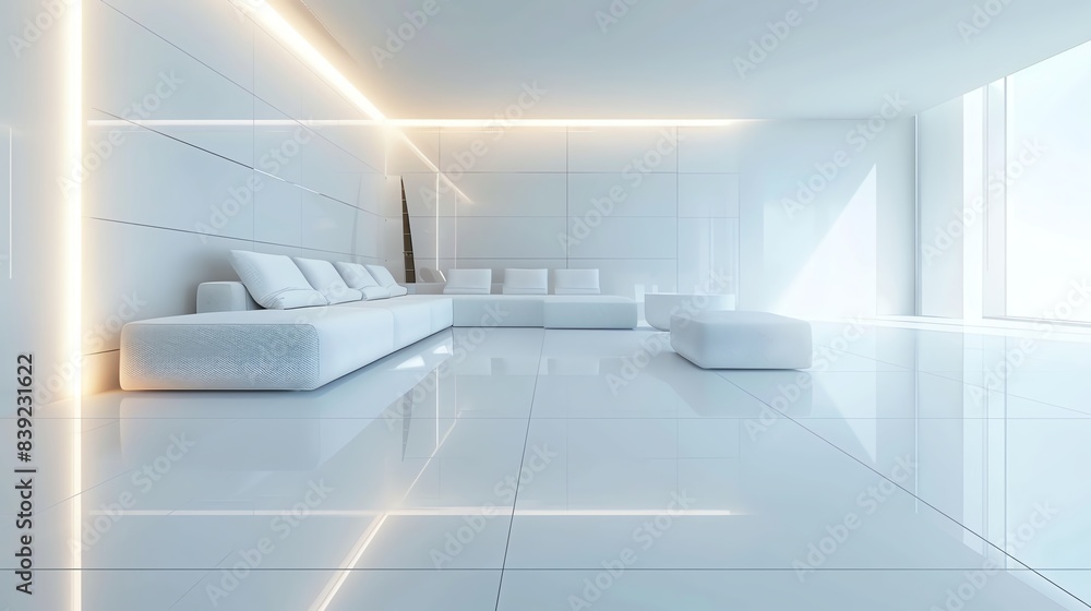 Tilted angle view of a minimalist living room, sleek white furniture ...