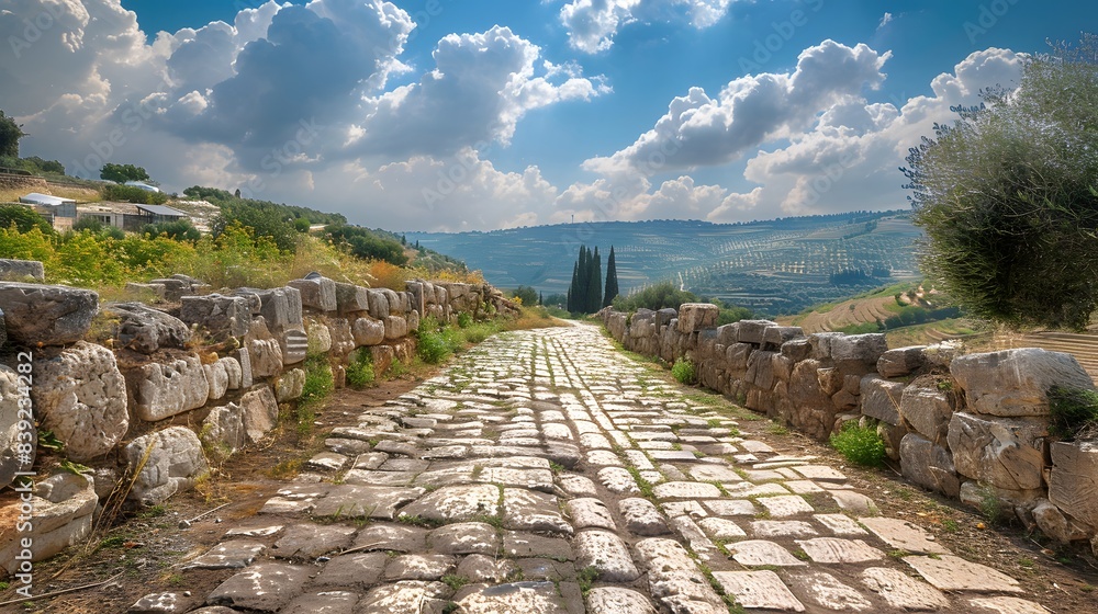 An ancient Roman road made of large cobblestones and lined with stone ...