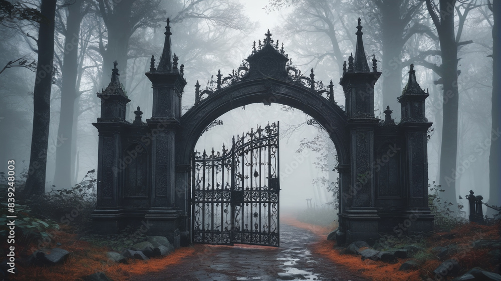 Misty Gothic Portal: Old Gothic Gate Enshrouded in Mist Within a Forest ...