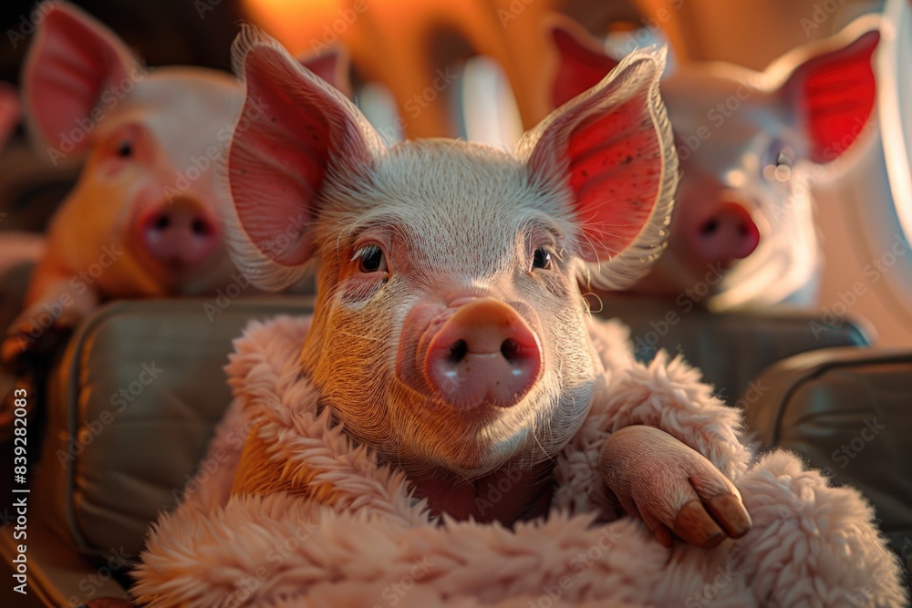 An anthropomorphic pig with a blurred face seated in a plush seat ...