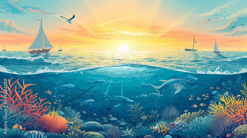 Illustrative of a peaceful ocean surface with sunlight, blending into a ...