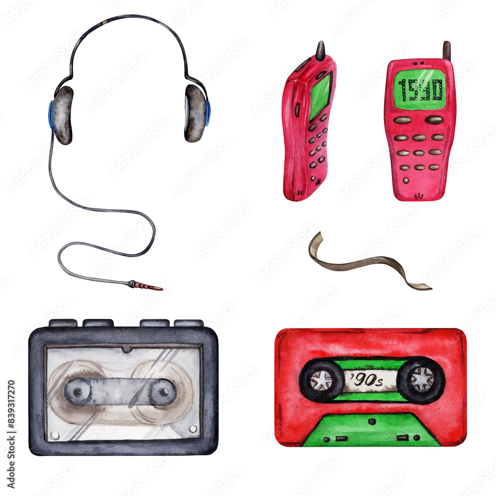 Old mobile phone, headset with portable player and tape elements set ...