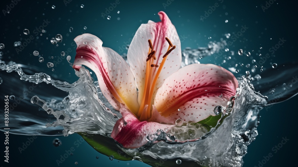Water splash on lily flower, vibrant colors, high contrast, high ...