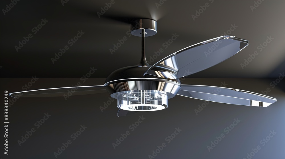A sleek and futuristic ceiling fan with transparent acrylic blades and ...