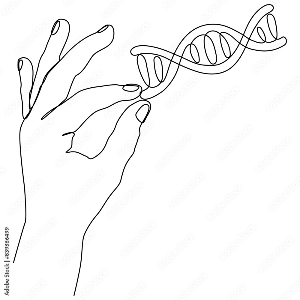 Hand holding DNA continuous one line drawing. Genome linear structure ...