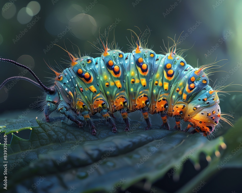 Hyperrealistic 4K image of a caterpillar on a leaf, vivid colors ...