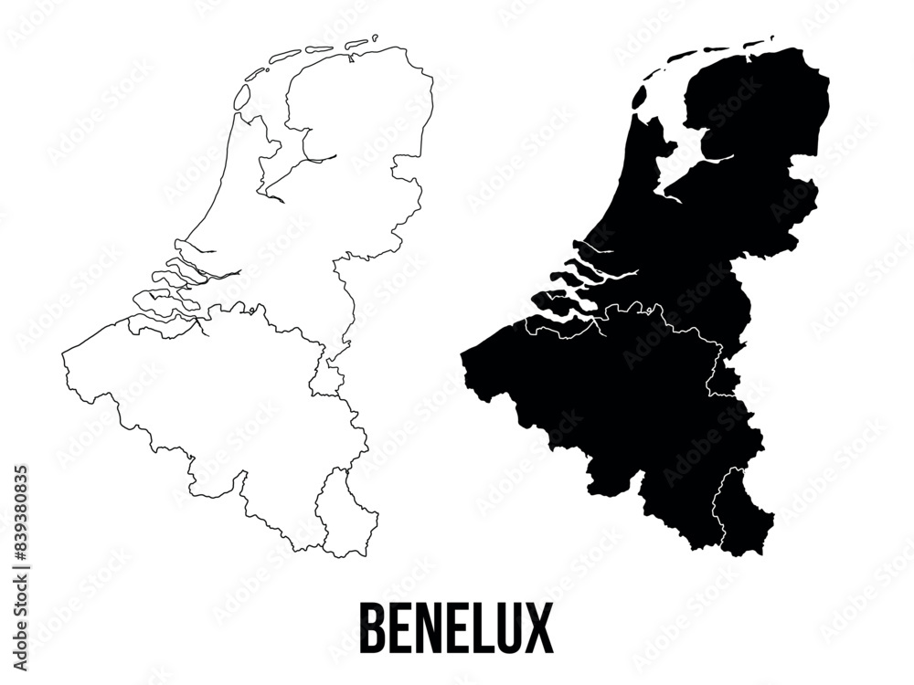 Benelux map of country regions districts vector black on white and ...