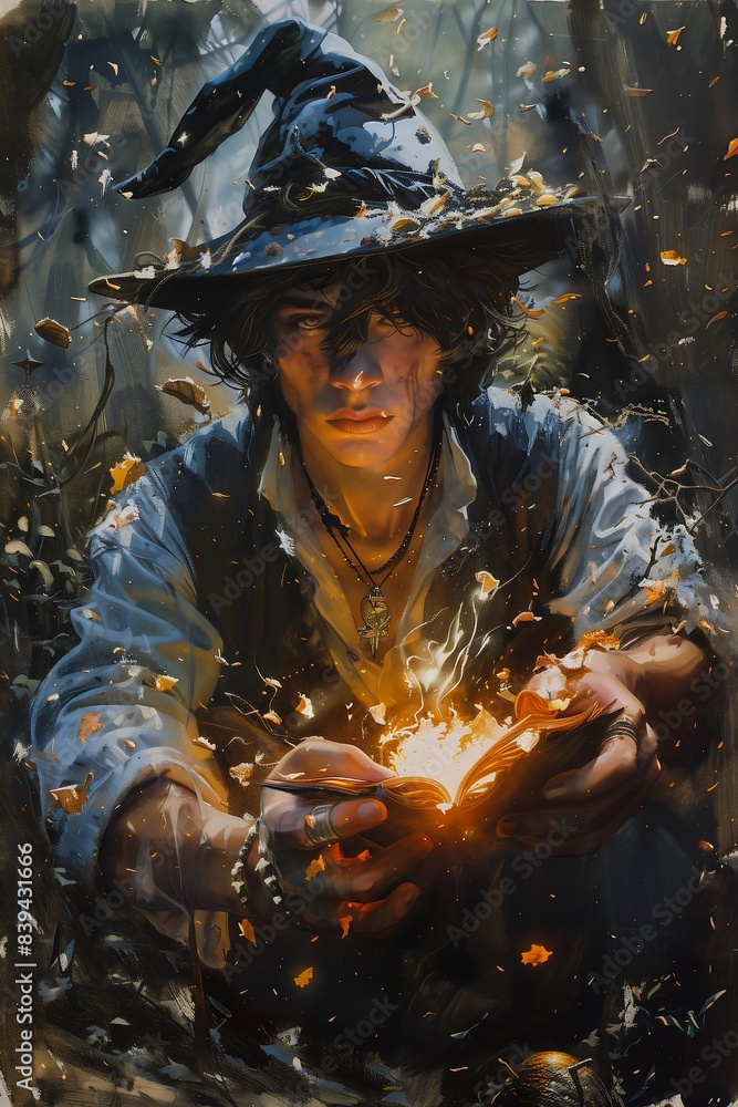 man witch hat holding glowing object flaming leaves fire powers ...