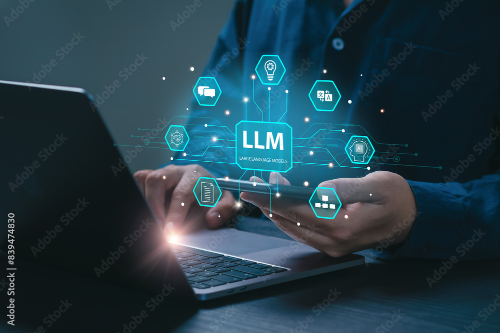 LLM, AI Large Language Model concept. Businessman holding a smartphone ...