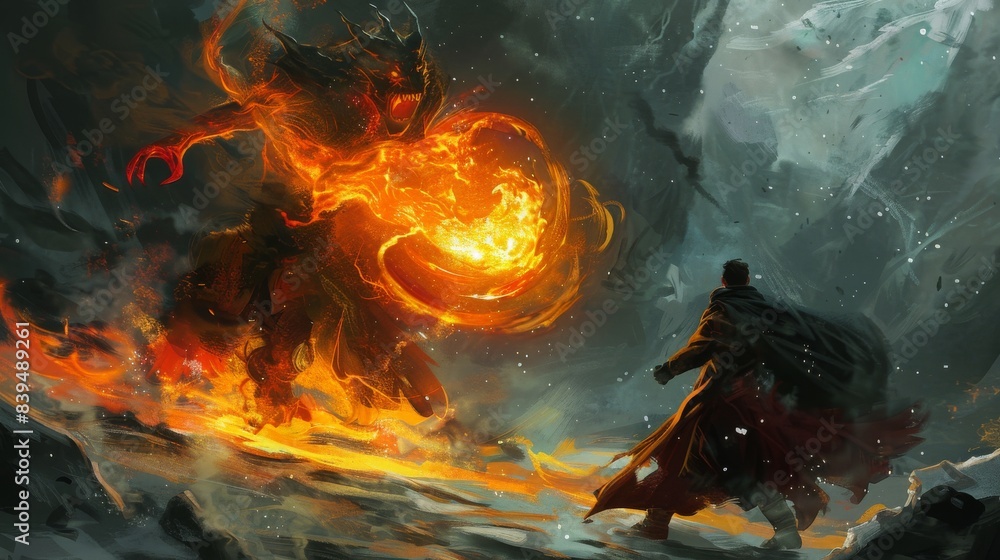 Epic fantasy scene of a battle between a cloaked warrior and fiery ...