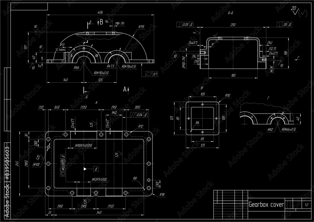 Assembly drawing of reducer cover. Vector drawing of steel mechanical ...