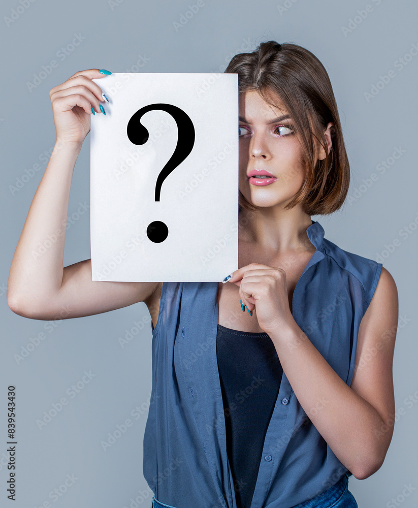 Girl holding paper question mark. Anonymous woman. Doubtful girl asking ...