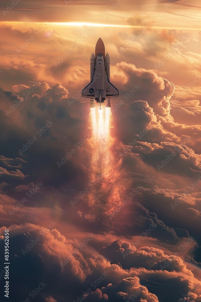 Ultra-sharp image a spaceship shuttle soaring above billowing clouds ...