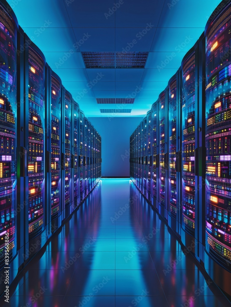 Server room in data center full of telecommunication equipment, concept ...