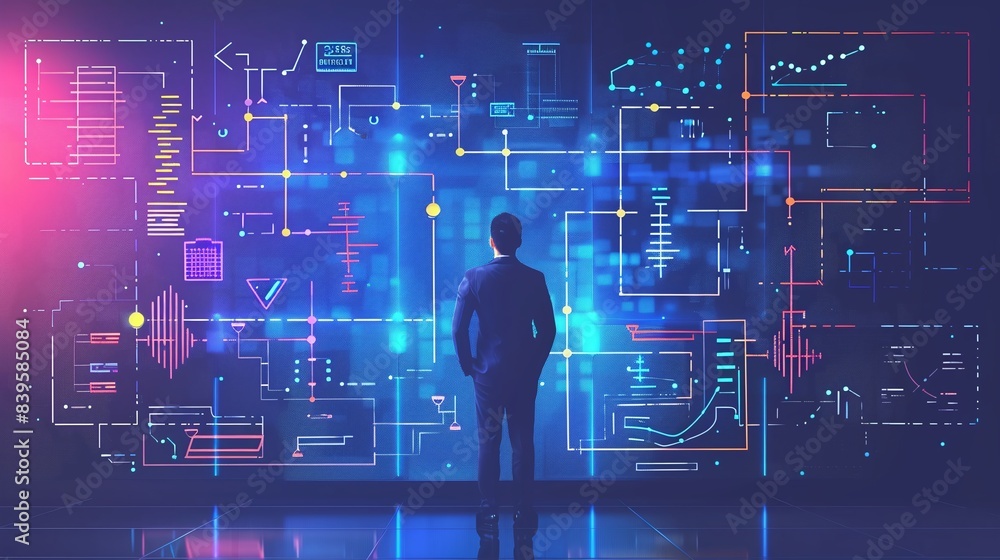businessman design workflow automation with flowcharts. concept of model work structure digital ...