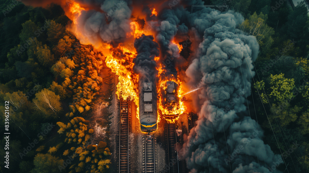 An aerial view of a freight train engulfed in huge flames and thick ...
