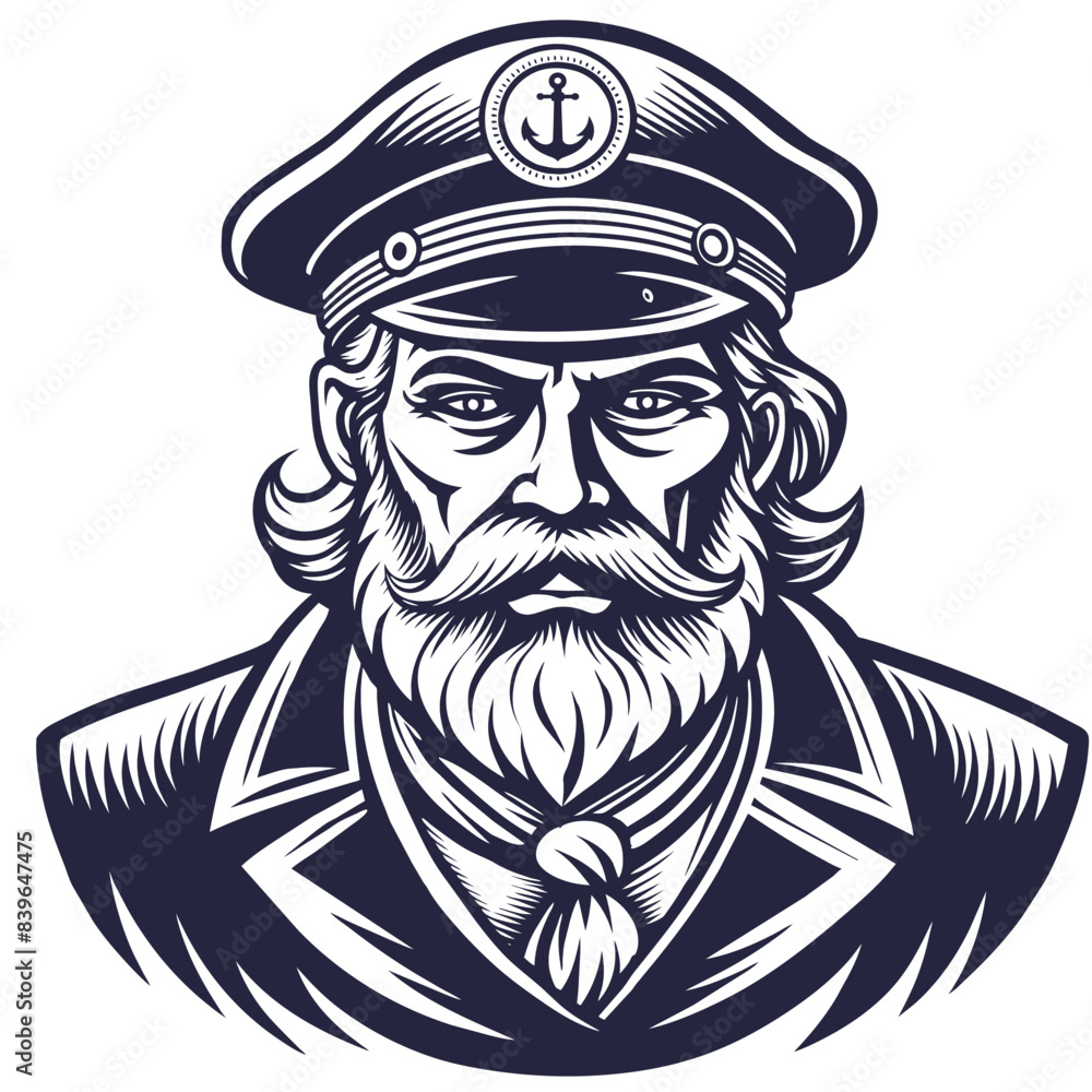 Vintage nautical captain linocut style with monochrome hand drawn ...