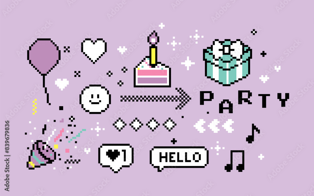 Pixel art party concept. Birthday cake, candle, present, ballon ...