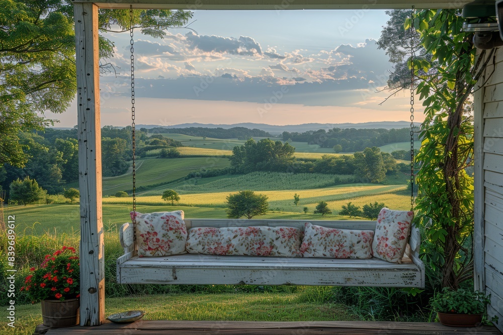 rustic countryside scene, a serene porch swing with a view of lush ...