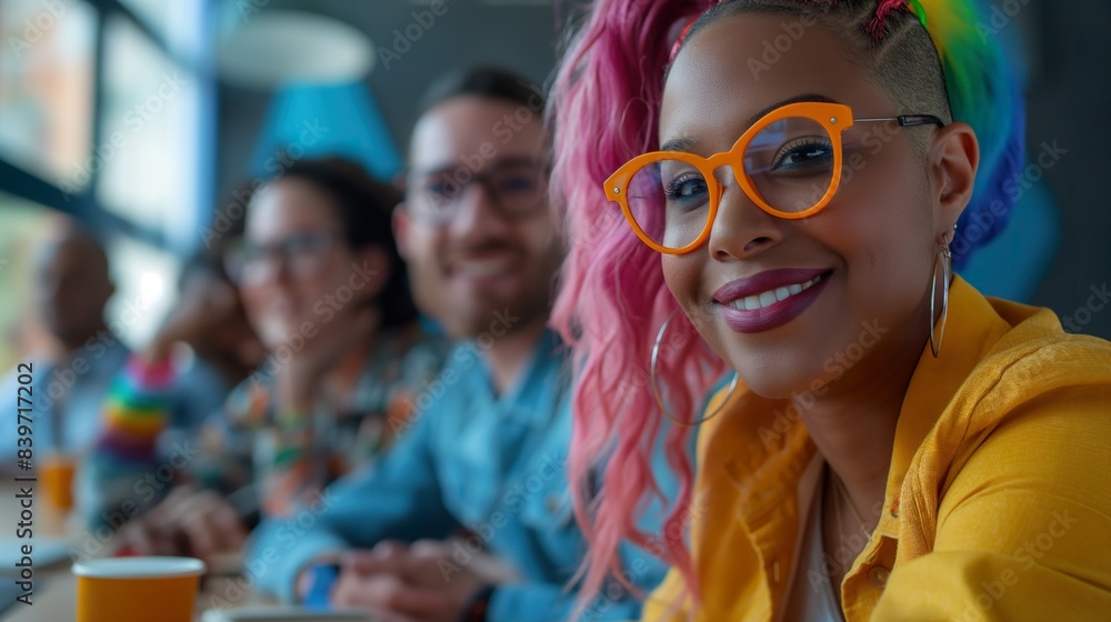 LGBTQ teamwork in a vibrant office with a rainbow flag, showcasing ...