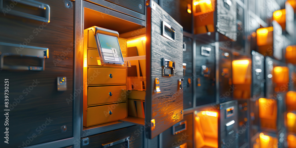 The Glowing Amber Tower: An old-fashioned filing cabinet, open drawers ...