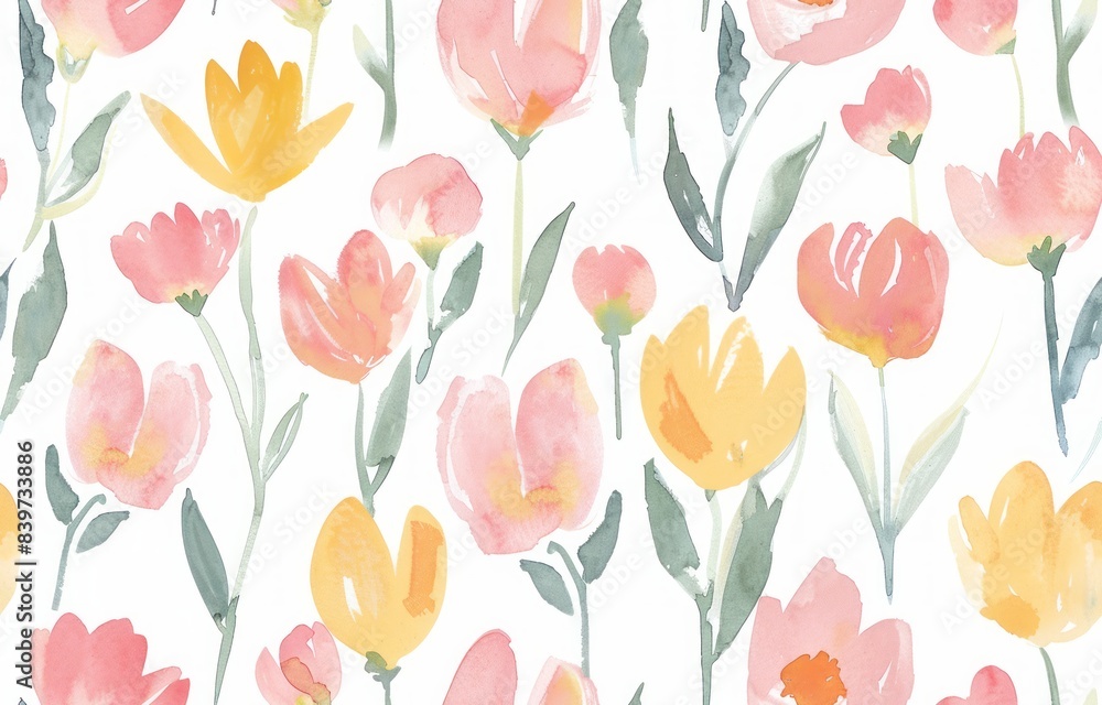 Watercolor spring flowers with small floral pattern on white background ...