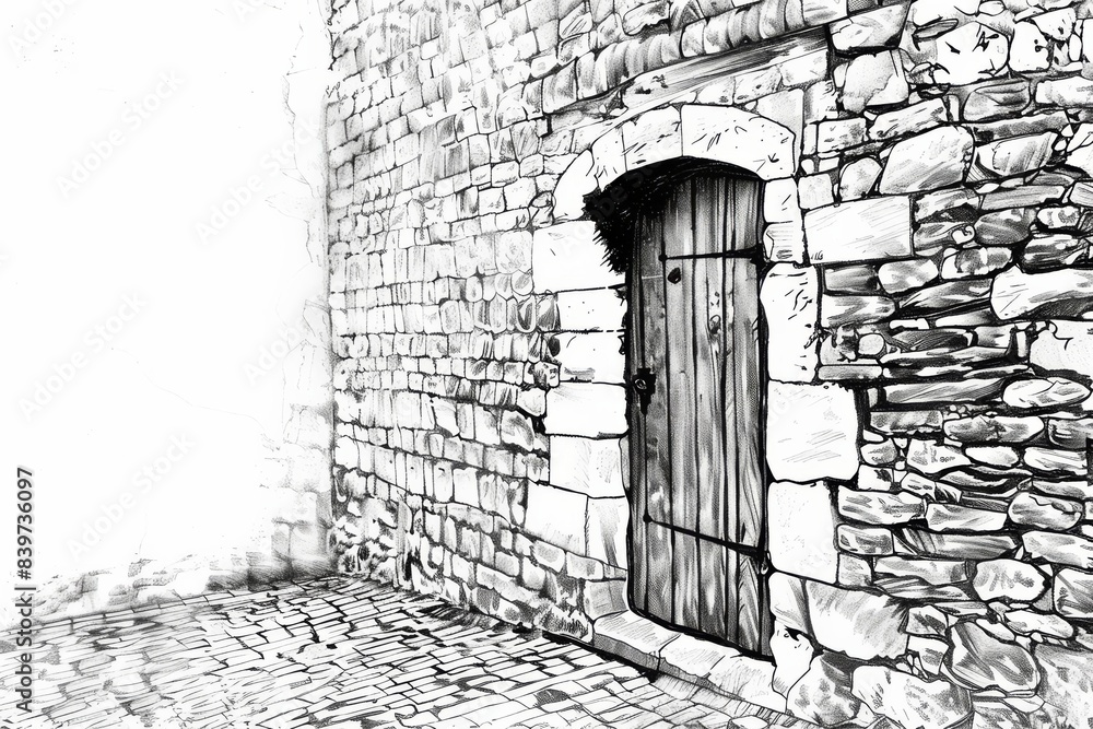 Medieval stone wall with door black thin lines cobblestone texture ...