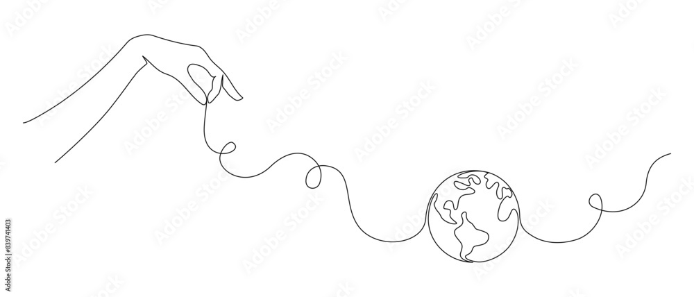 One continuous line drawing of hand holding Earth globe. World ...