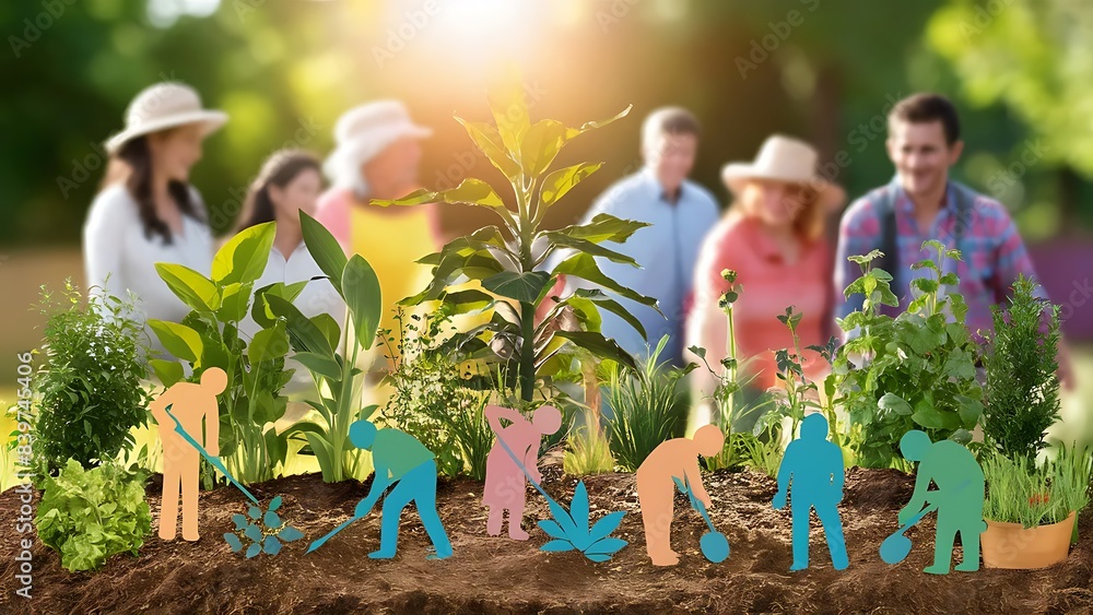 Sustainable development with community garden and 2D illustrated people ...