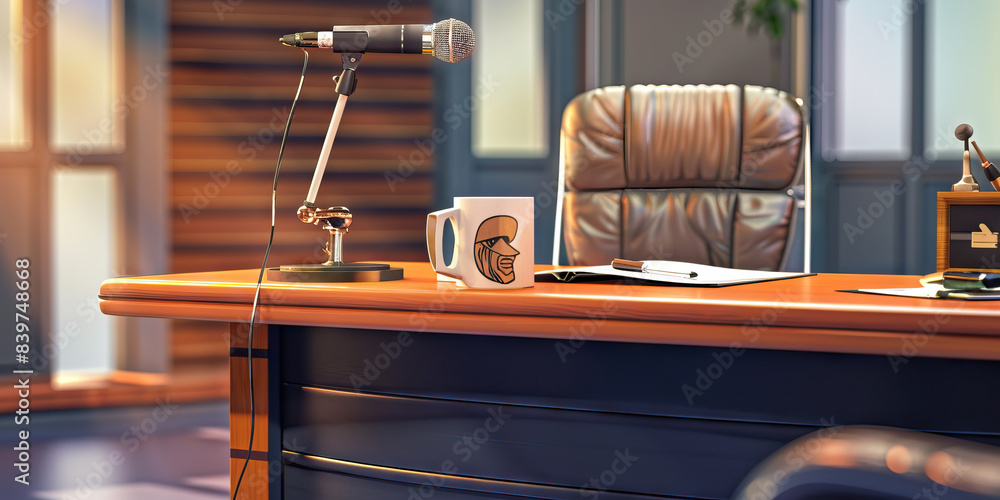 Talk Show Host Desk: A stylish desk with a microphone, coffee mug, and ...