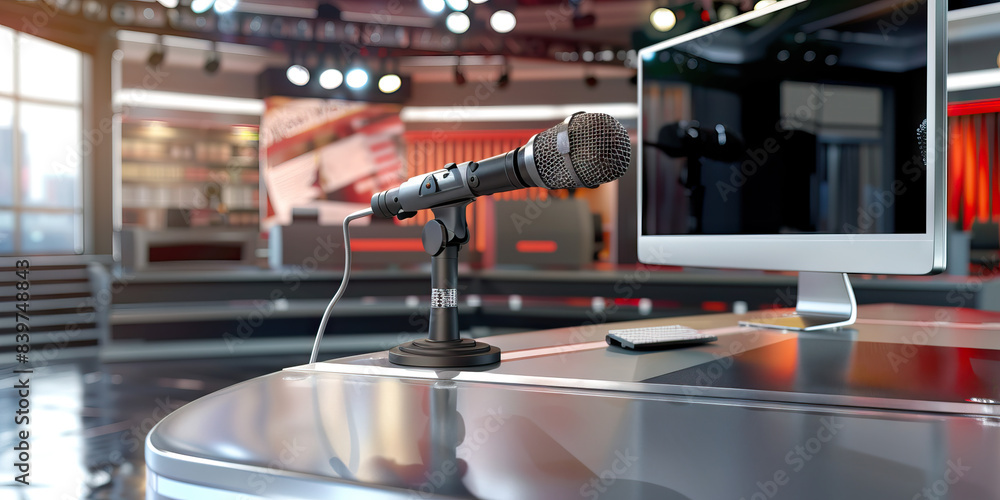 News Anchor Desk: A sleek and modern desk with a large monitor ...