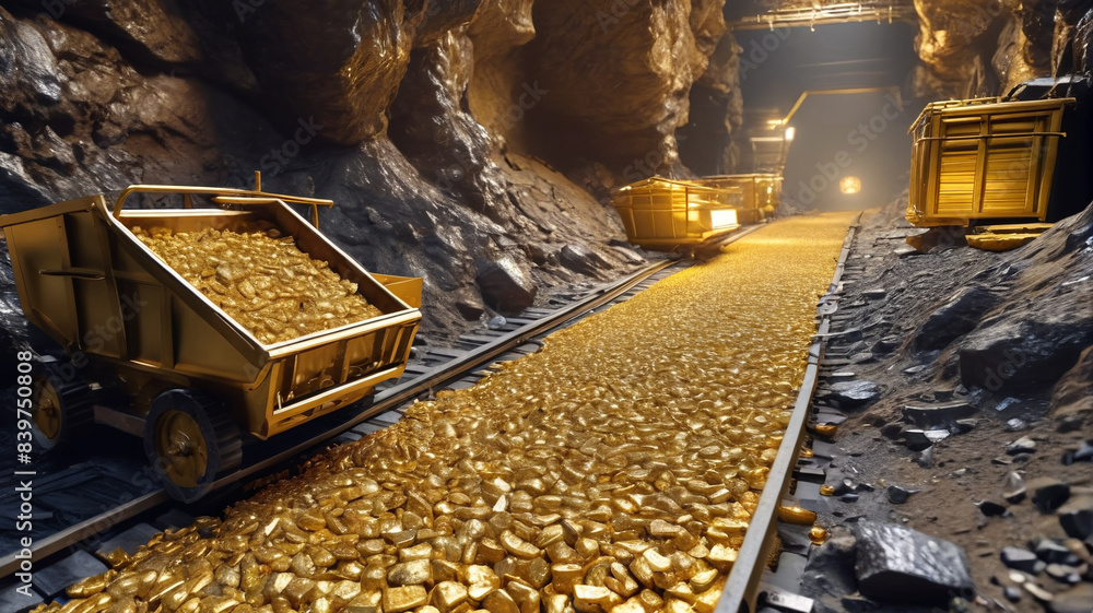 Underground Wealth: Gold Mine Shaft with Tracks and Carts Filled with ...