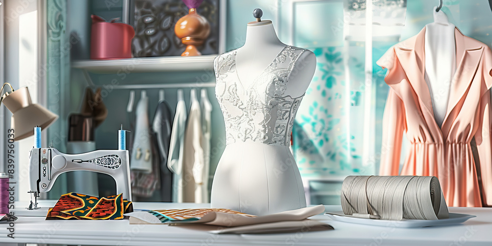 Stylish Fashion Designer's Atelier: Chic workspace with a dress form ...