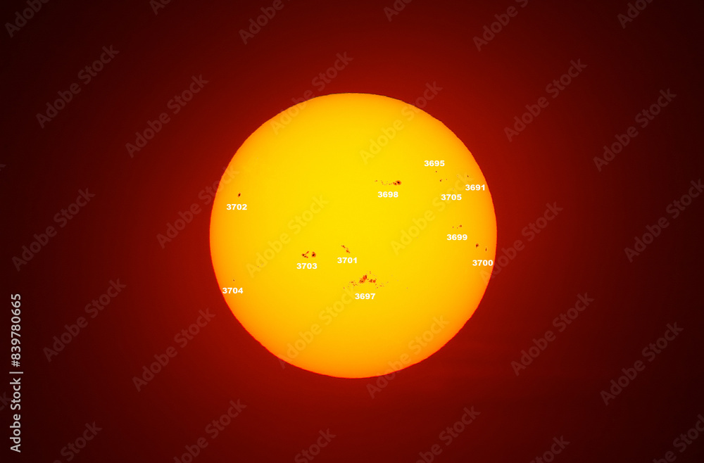Solar disk June 4, 2024 sunspots, with 11 active regions artistic ...