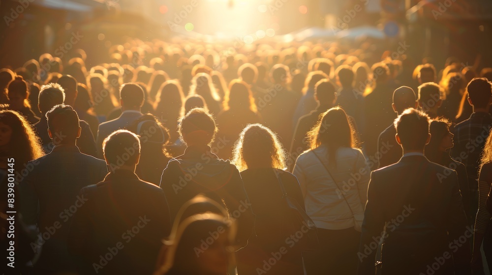 A densely crowded city street scene captured during a golden hour ...