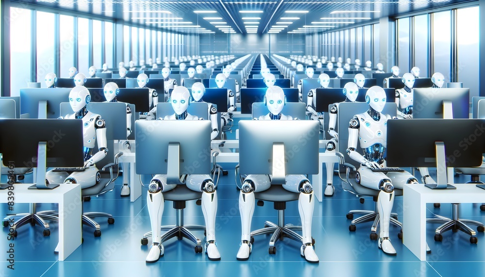 Robots sitting in a classroom with books and laptops. Futuristic ...