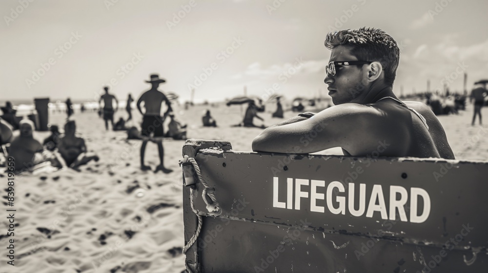 Lifeguard on duty in black and white stands at beach guard post ...