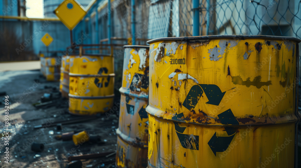 Radioactive waste in disposal facility, yellow barrel with radioactive ...
