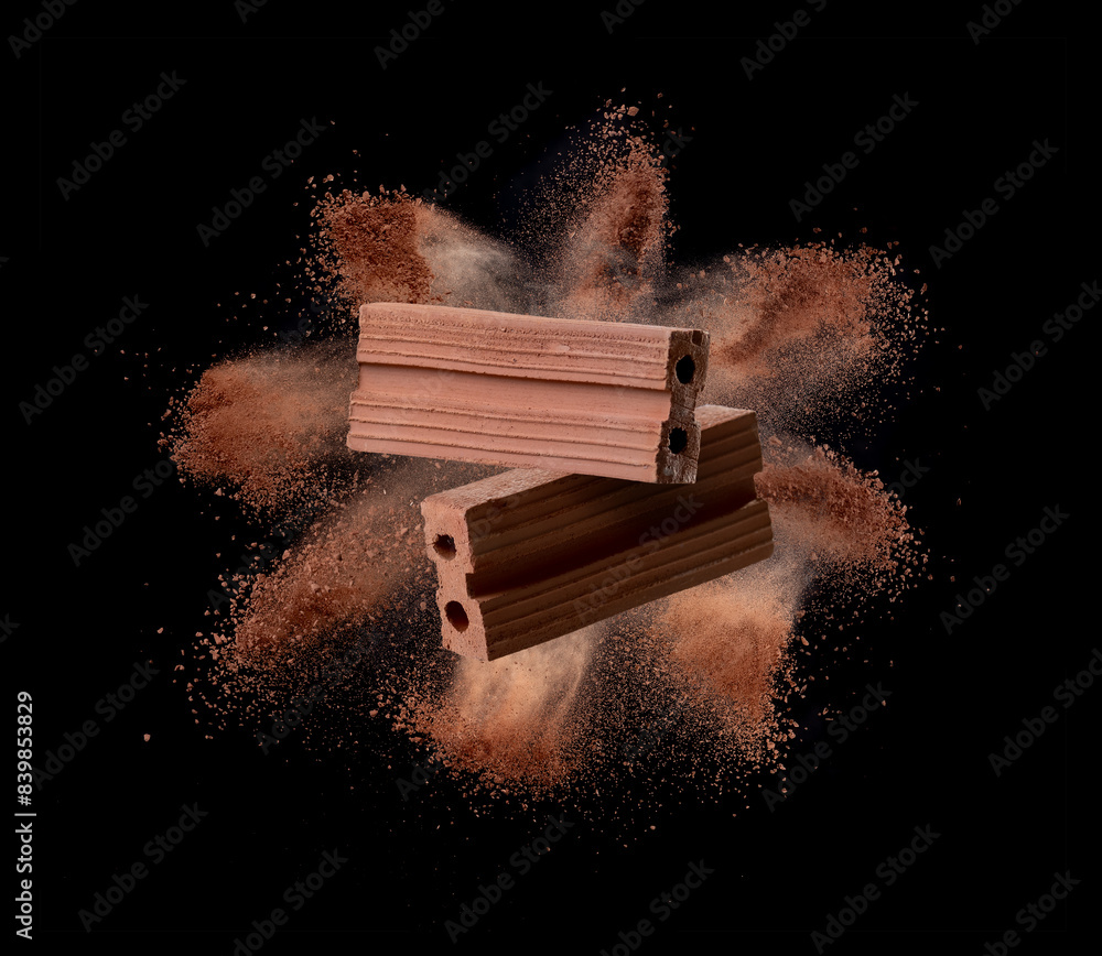 Broken red bricks flying explosion, Abstract cloud fly. Orange colored ...